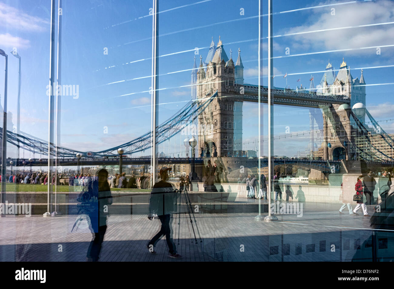 Tower Bridge reflected in the glass windows of London City Hall Stock ...