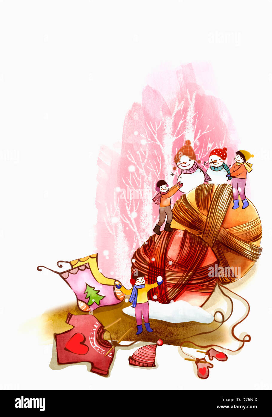 illustration of kids playing around knitting yarn Stock Photo - Alamy