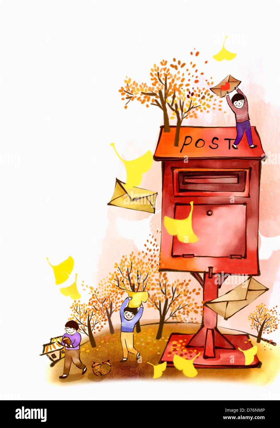 illustration of kids playing around post box Stock Photo - Alamy