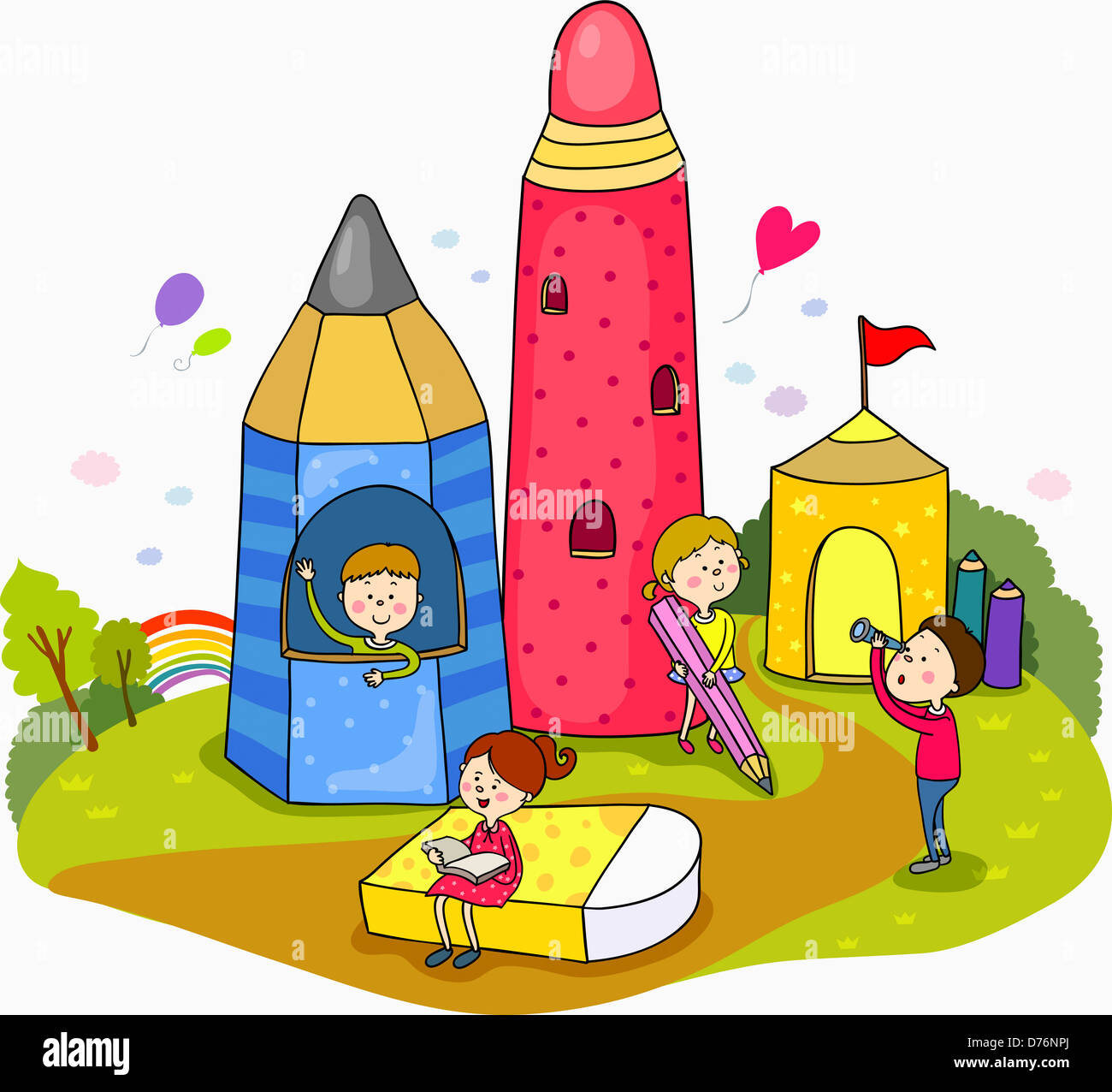 illustration of kids with pencils and rubbers Stock Photo - Alamy