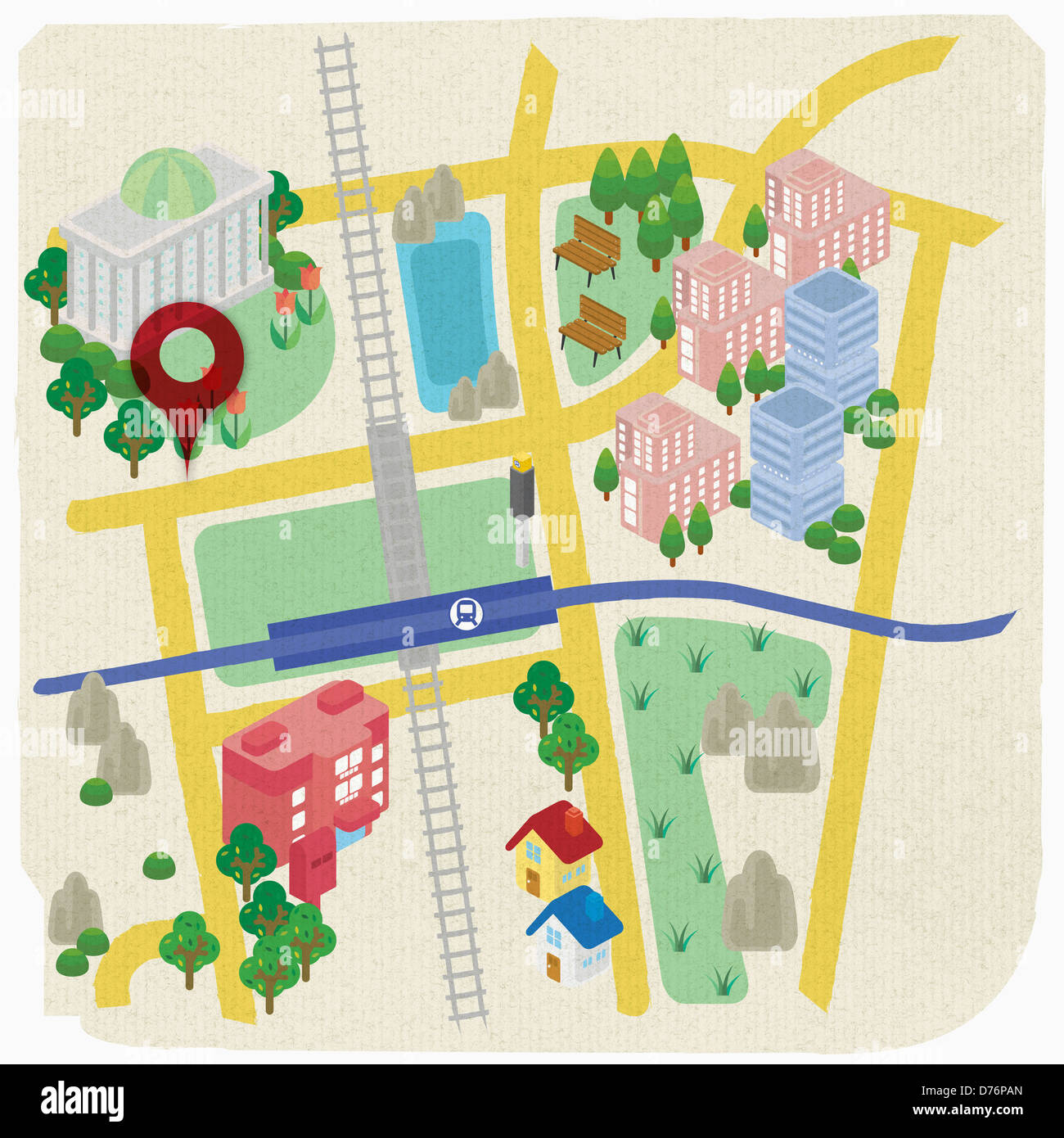 illustration of road map around a train station Stock Photo - Alamy