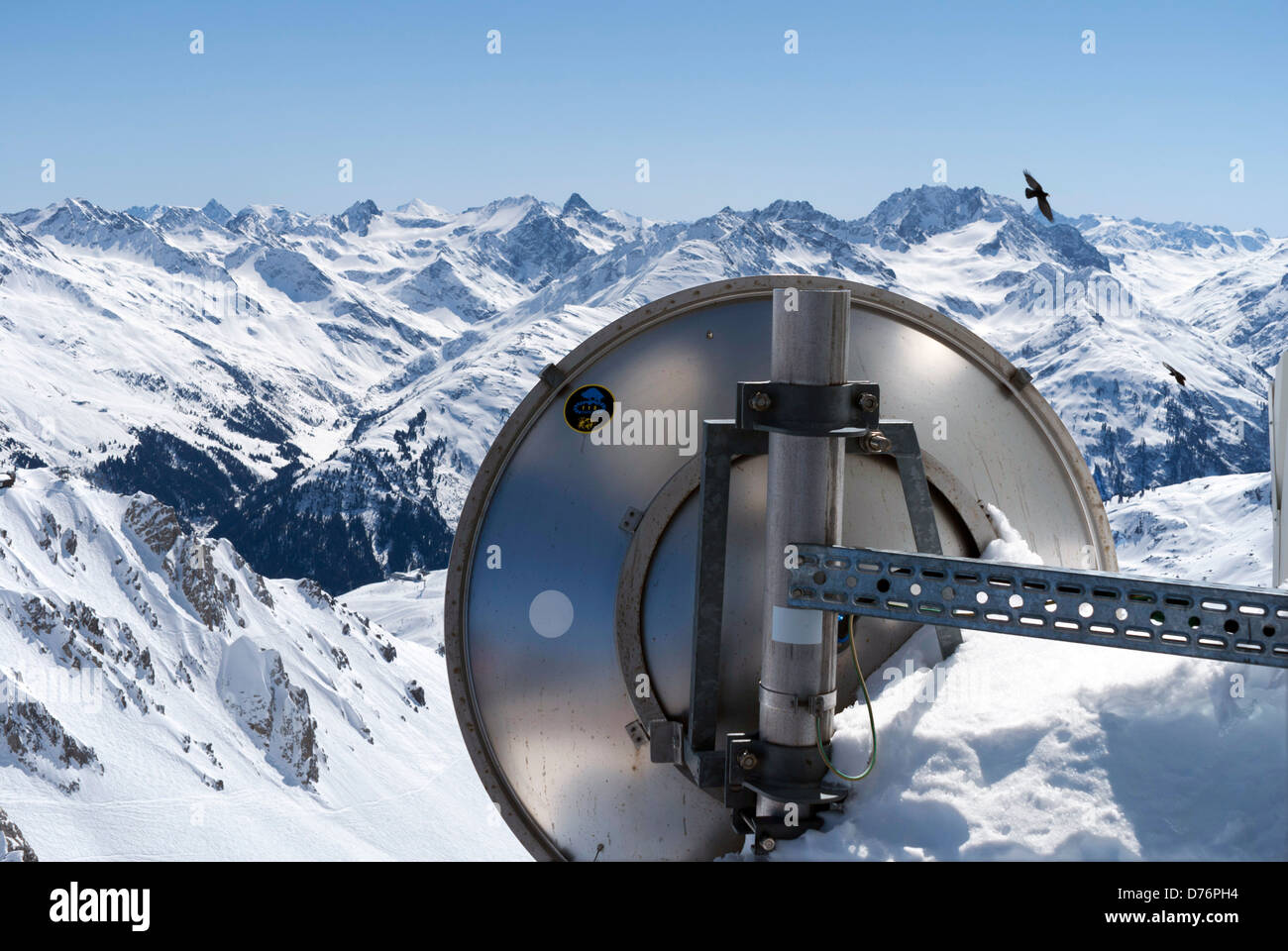 Satellite/ communications dish at the top of the very high Valluga Bahn ...