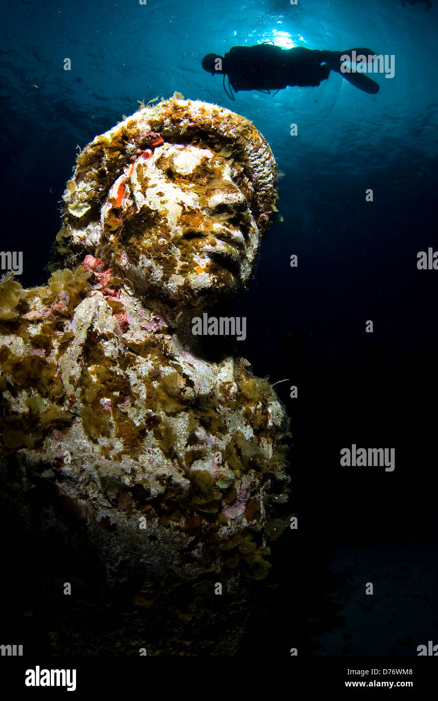 Underwater view sculpture scuba diver at Cancun Underwater Museum ...