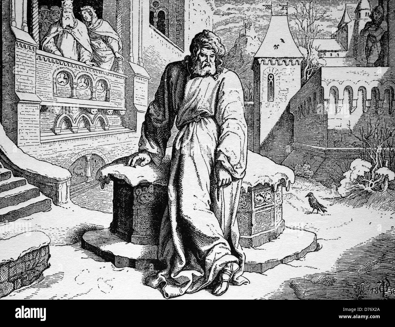 King Henry IV in the courtyard of Canossa, 1077, historical woodcut ...