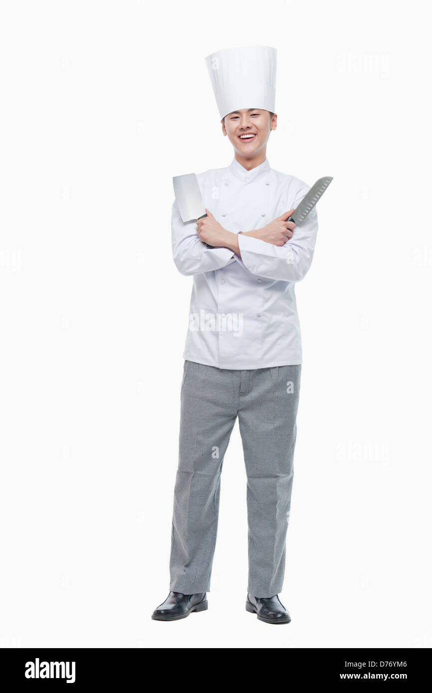 Full Length Portrait of Chef with Kitchen Knives Stock Photo - Alamy