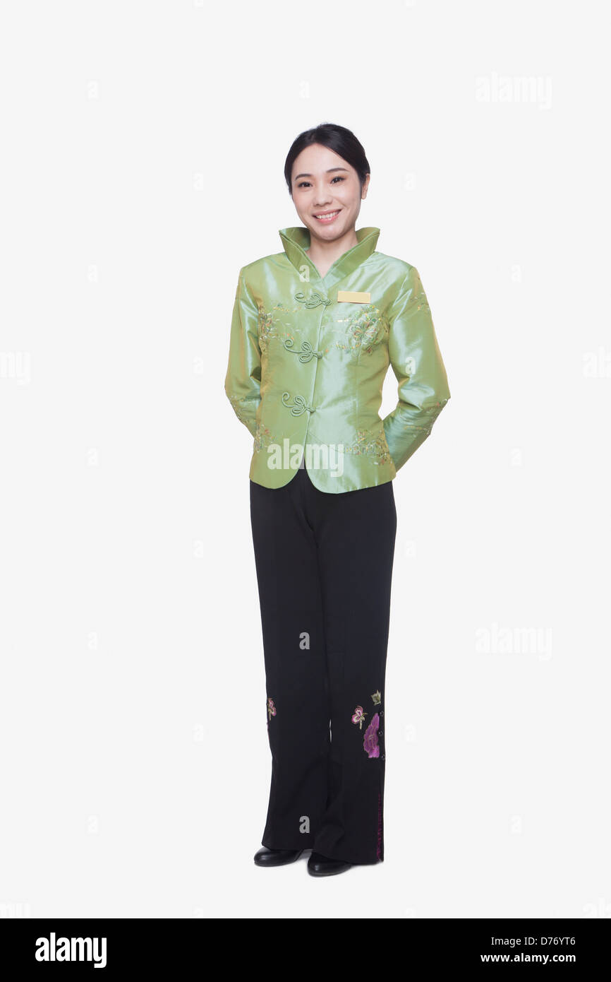 Restaurant/Hotel Hostess in Traditional Chinese Clothing, Full Length ...