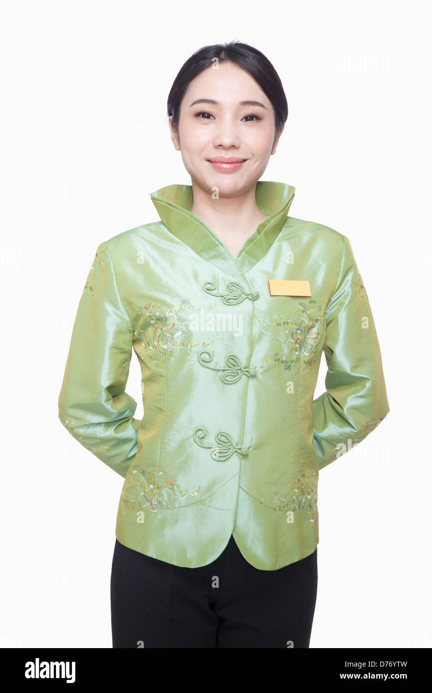 Restaurant/Hotel Hostess in Traditional Chinese Clothing, Hands Behind ...
