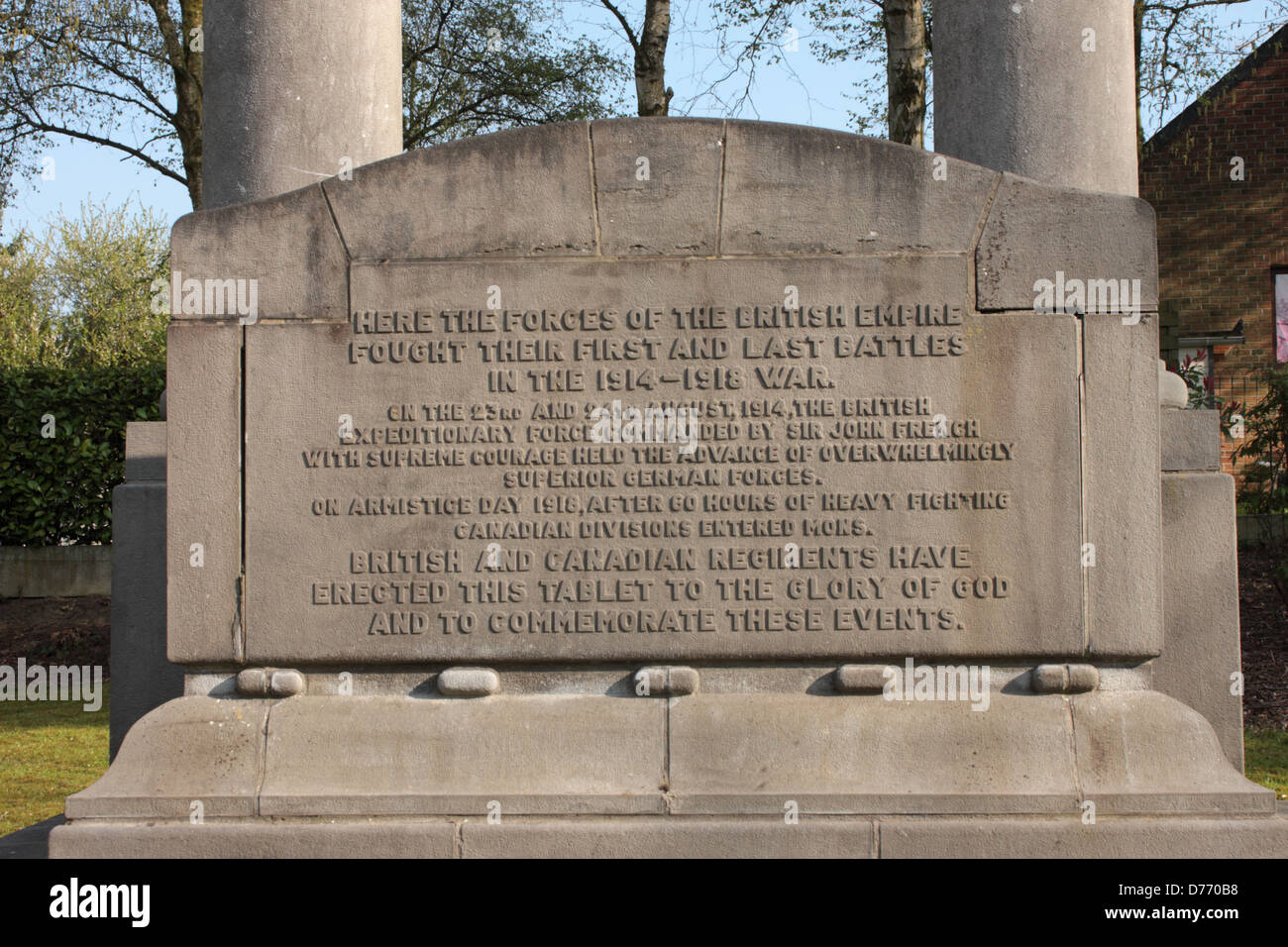 Plaque on the base of the monument to the First and Last Battles of WW1 ...