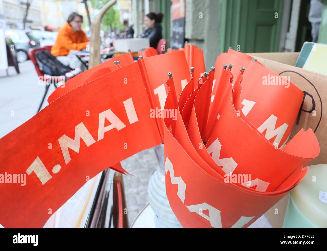 1st of May is written on flags available at Cafe Sorgenfrei (lit ...
