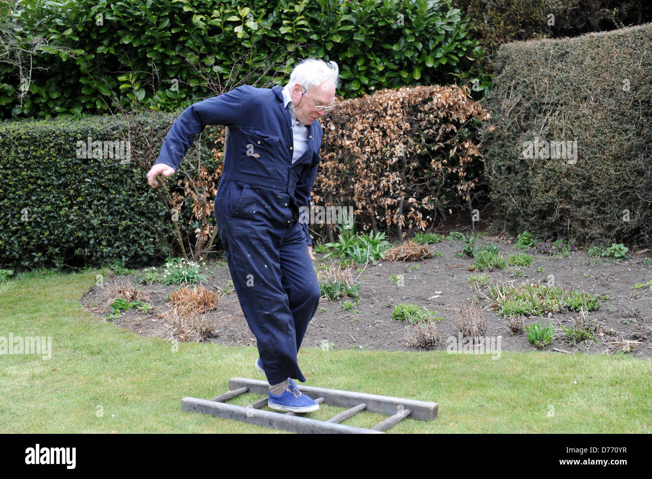 74 year old grandfather jumping around an obstacle course in the family ...