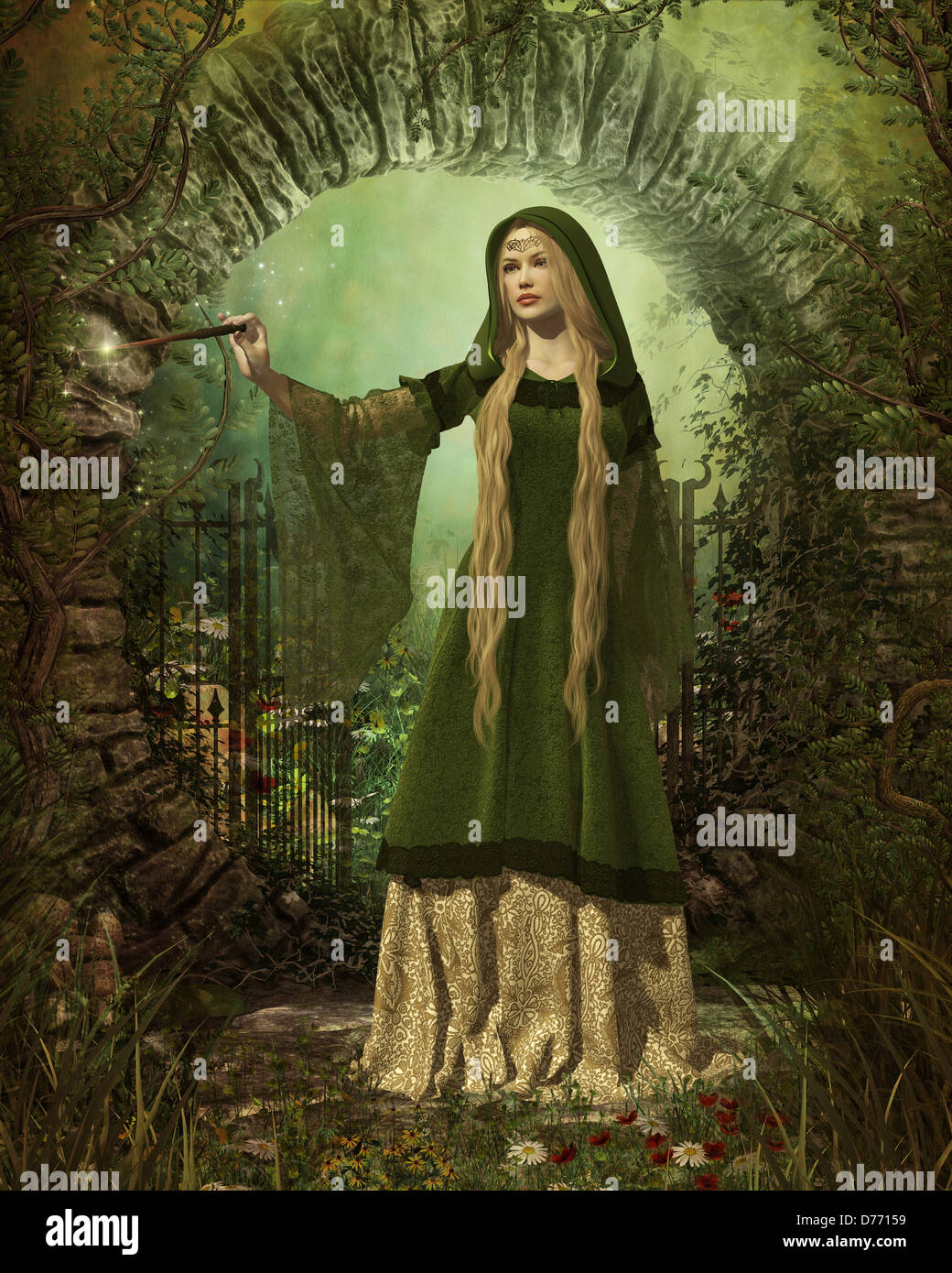 a fairy with a magic wand in a medieval garb Stock Photo - Alamy
