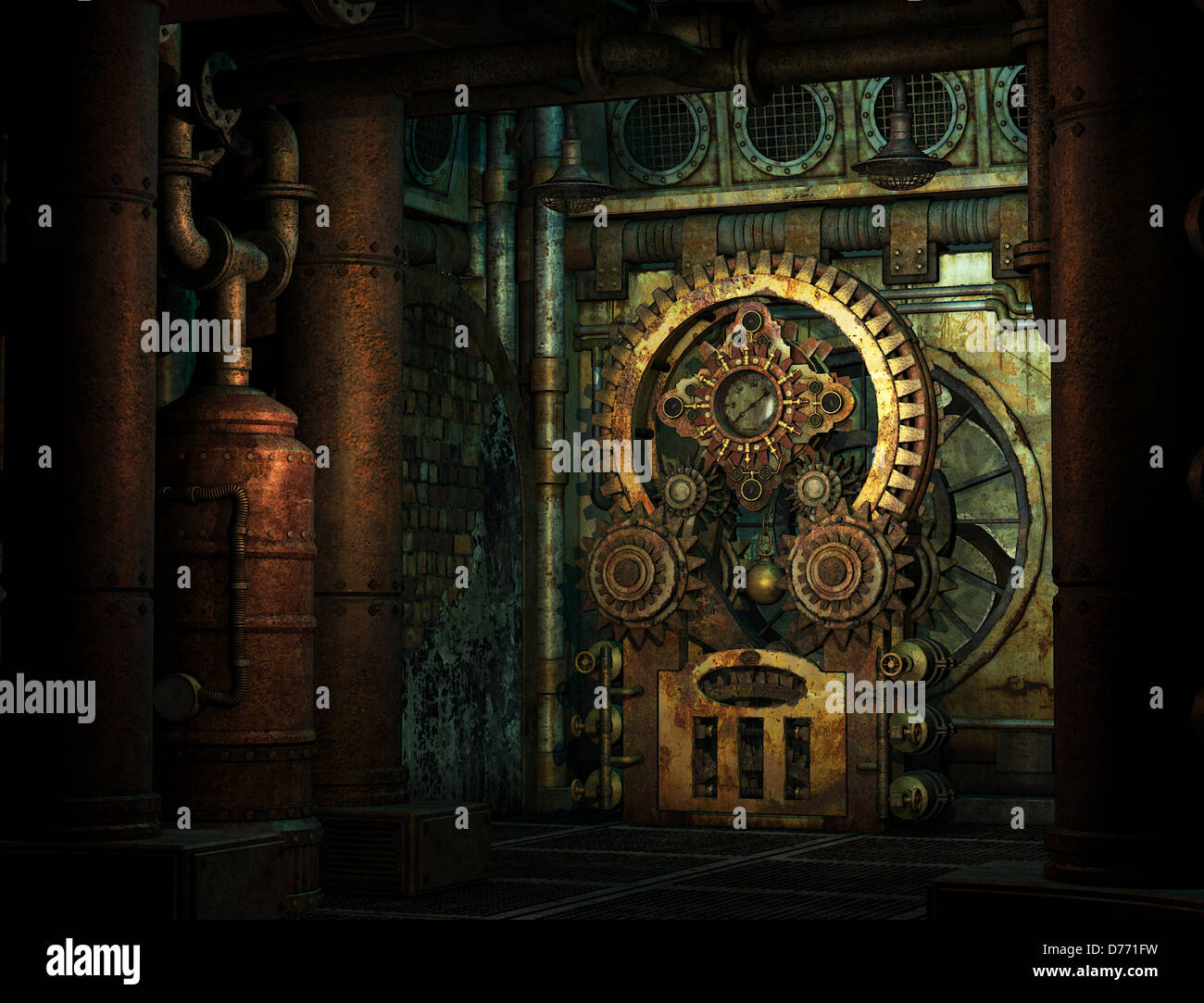 a gear train at a factory in Steampunk style Stock Photo - Alamy