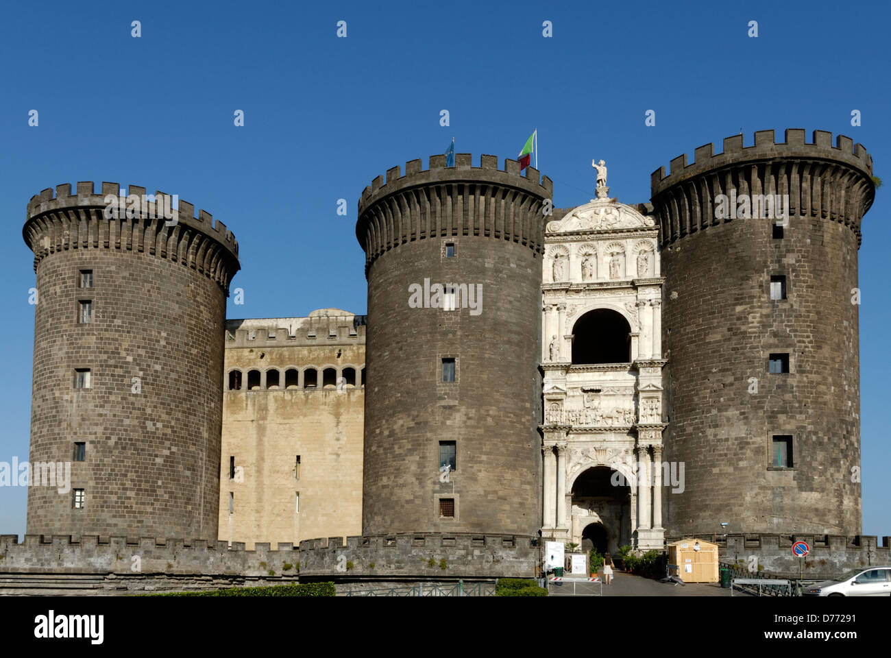 Naples. Italy. View of the facade of the Castel Nuovo, distinguished by ...