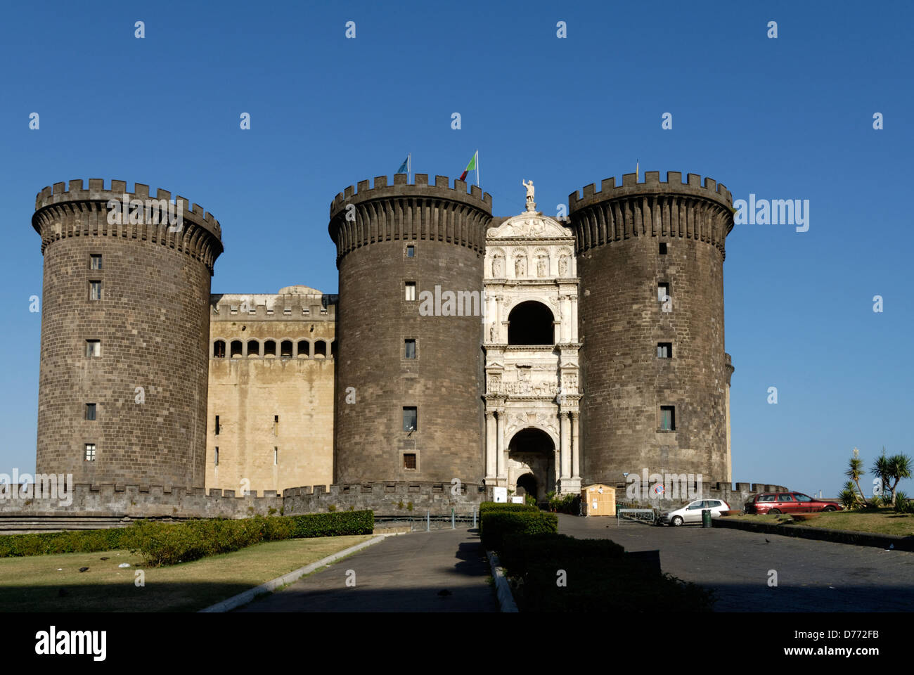 Naples. Italy. View of the facade of the Castel Nuovo, distinguished by ...