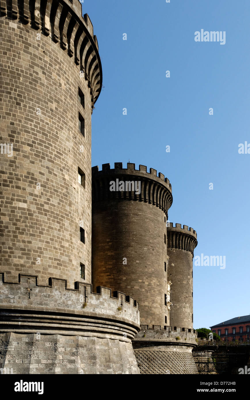 Naples. Italy. Side view of the three front towers of the 13th century ...
