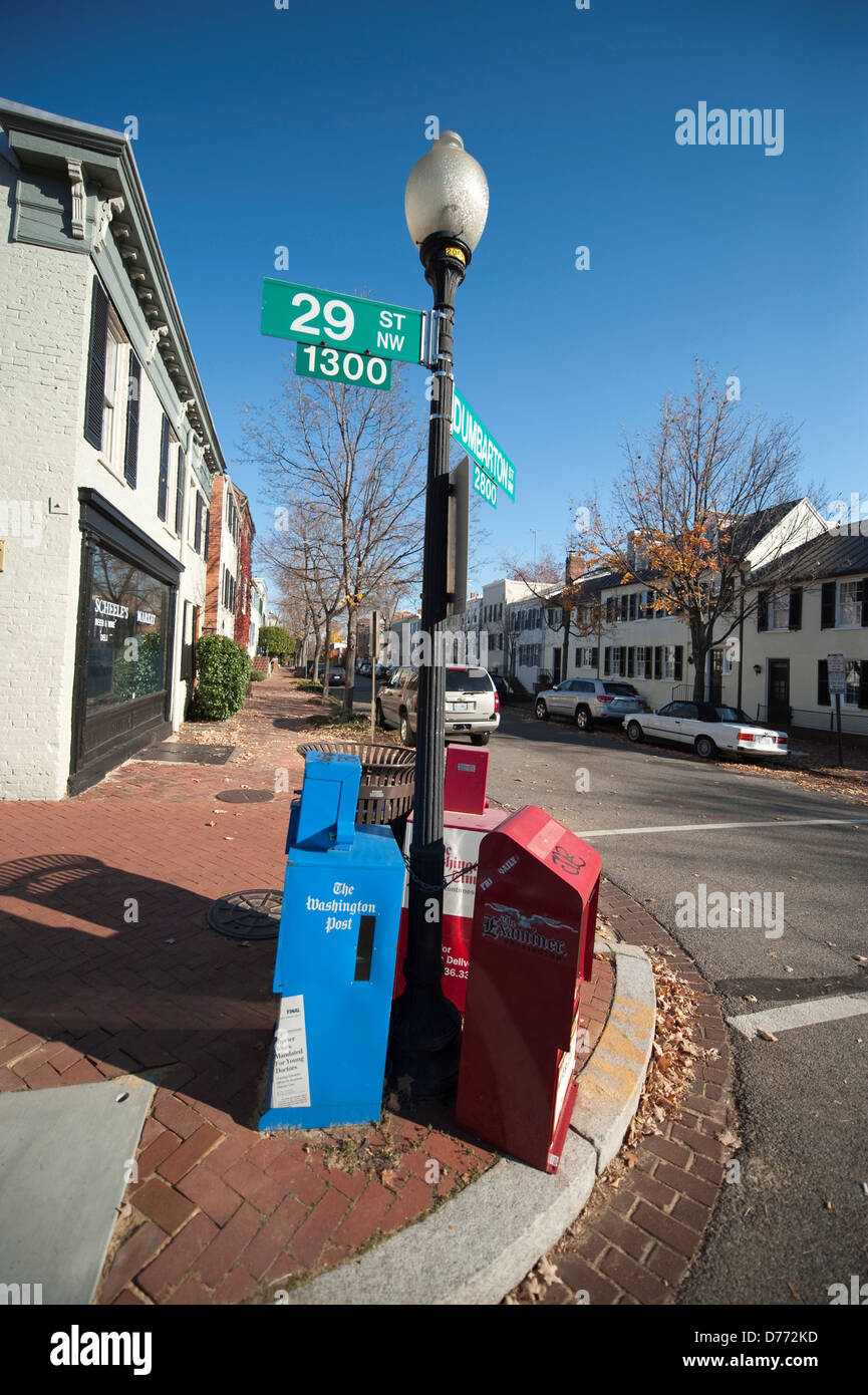Street corner newspaper stands in historic district Georgetown in Fall ...