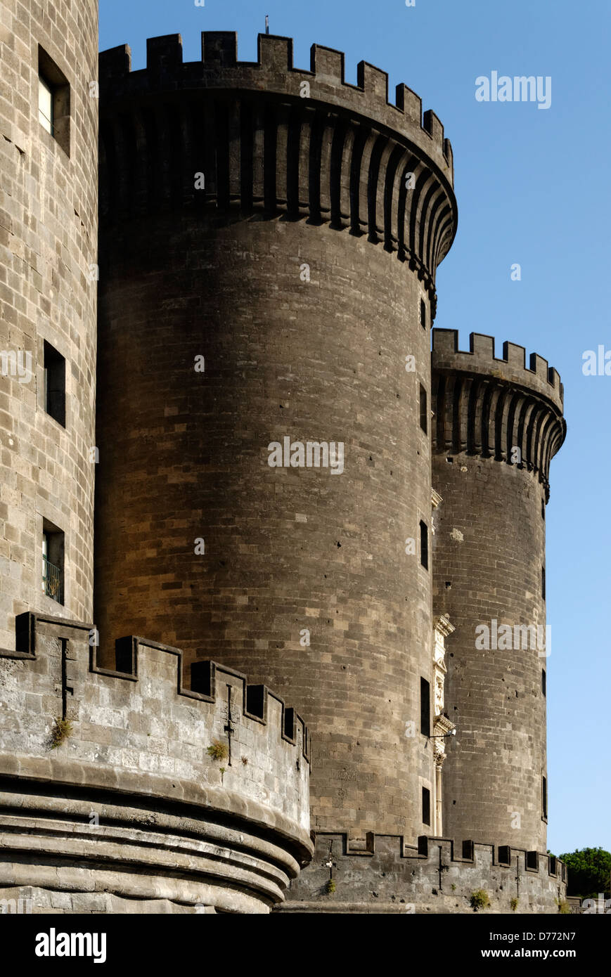 Naples. Italy. Side view of the three front towers of the 13th century ...