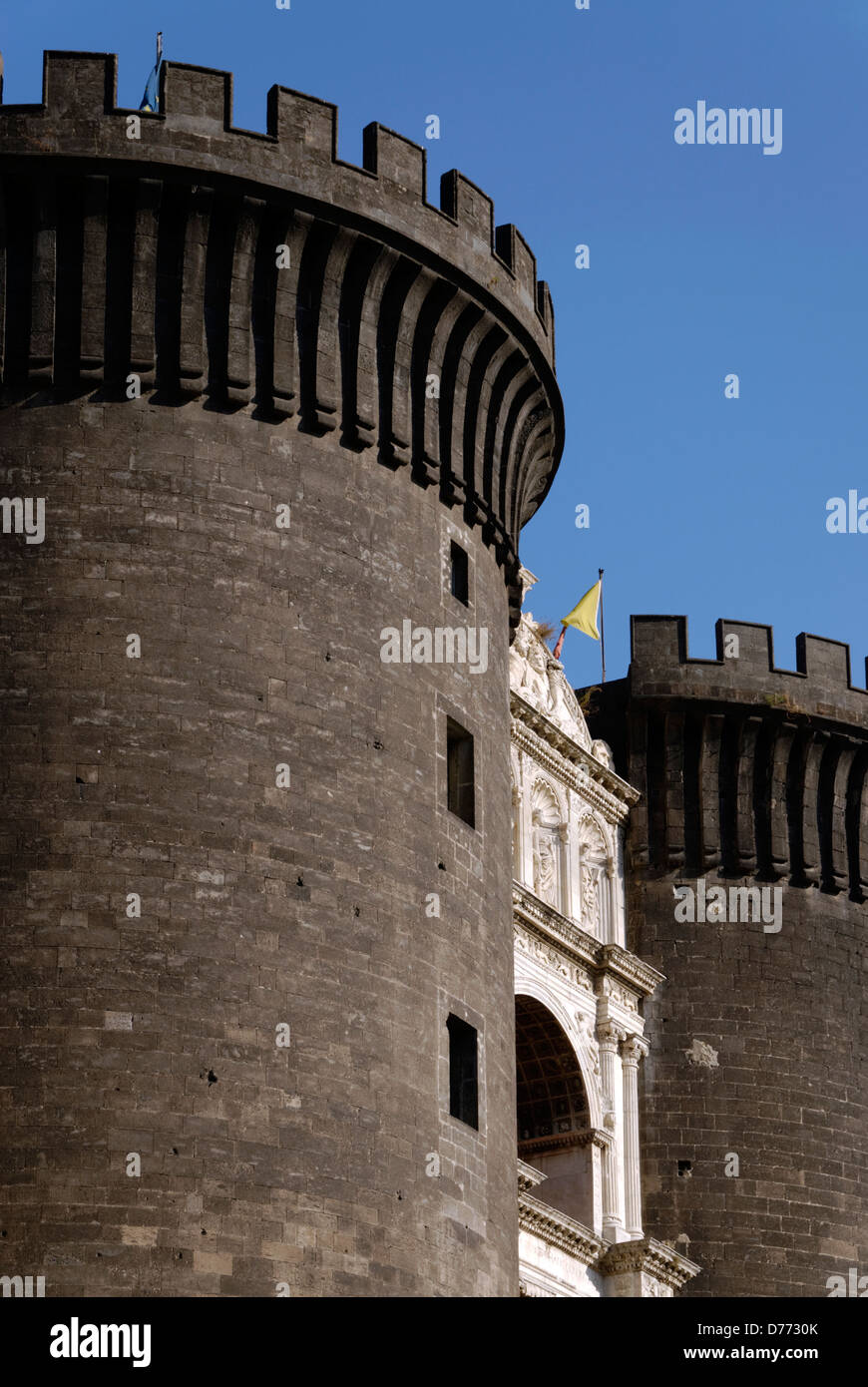 Naples. Italy. Side view of the front towers of the 13th century Castel ...