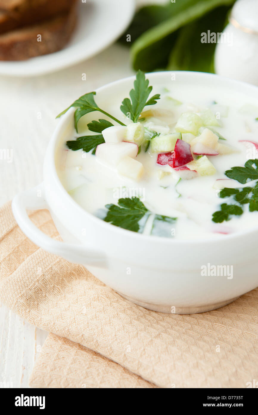 Russian Okroshka in a white tureen, closeup Stock Photo - Alamy