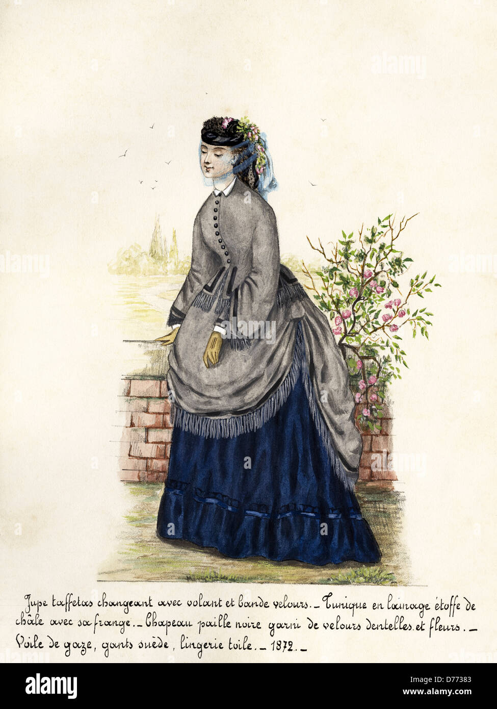French fashion from the Victorian era dated 1872. Original watercolour ...
