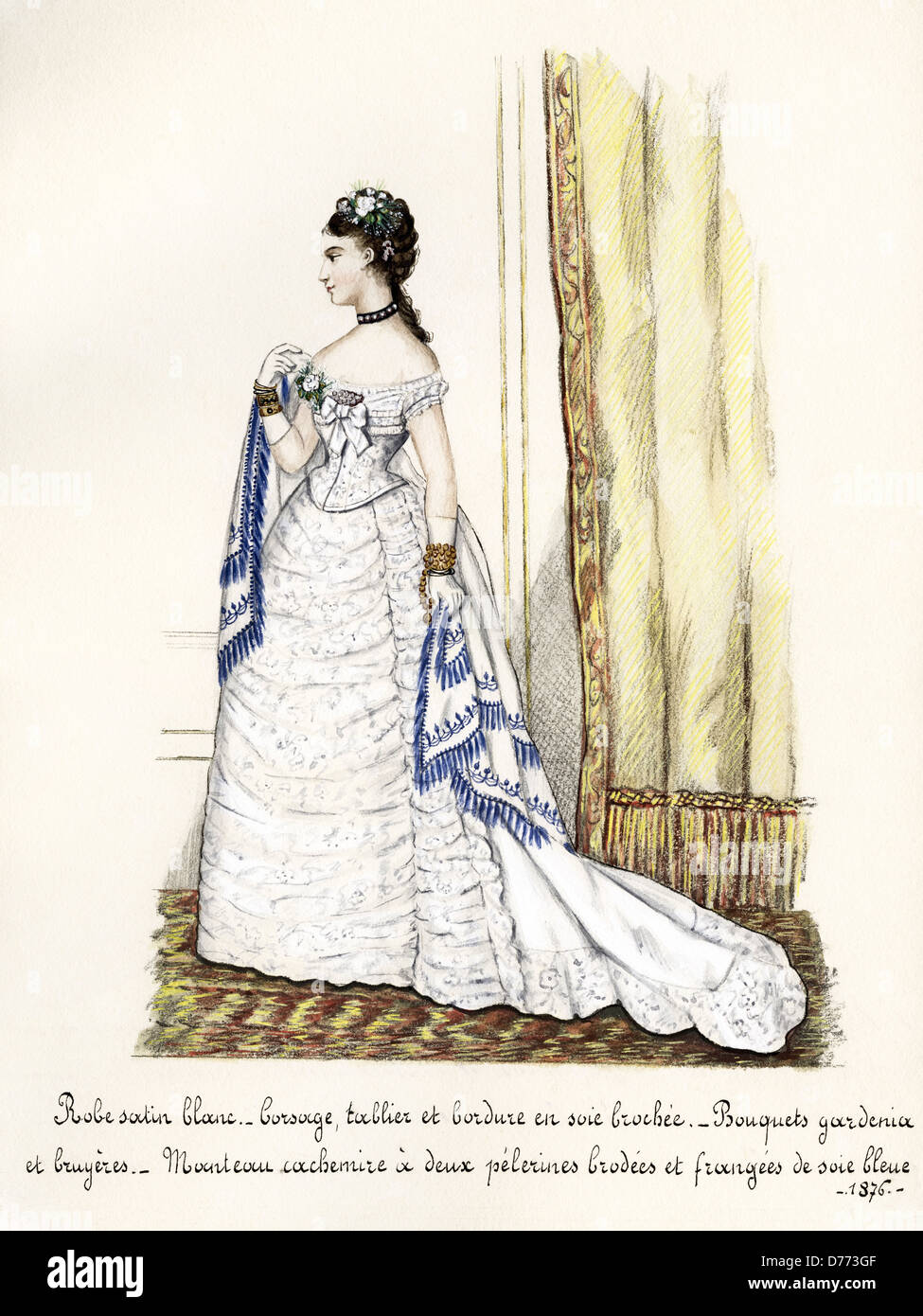 French fashion from the Victorian era dated 1876. Original watercolour ...