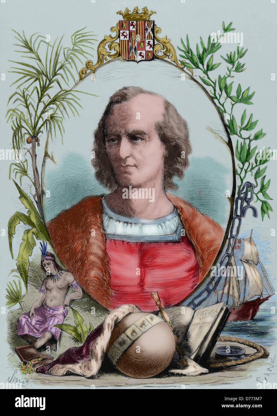 Christopher Columbus (1451-1506). Genoese navigator. Engraving by Capuz ...