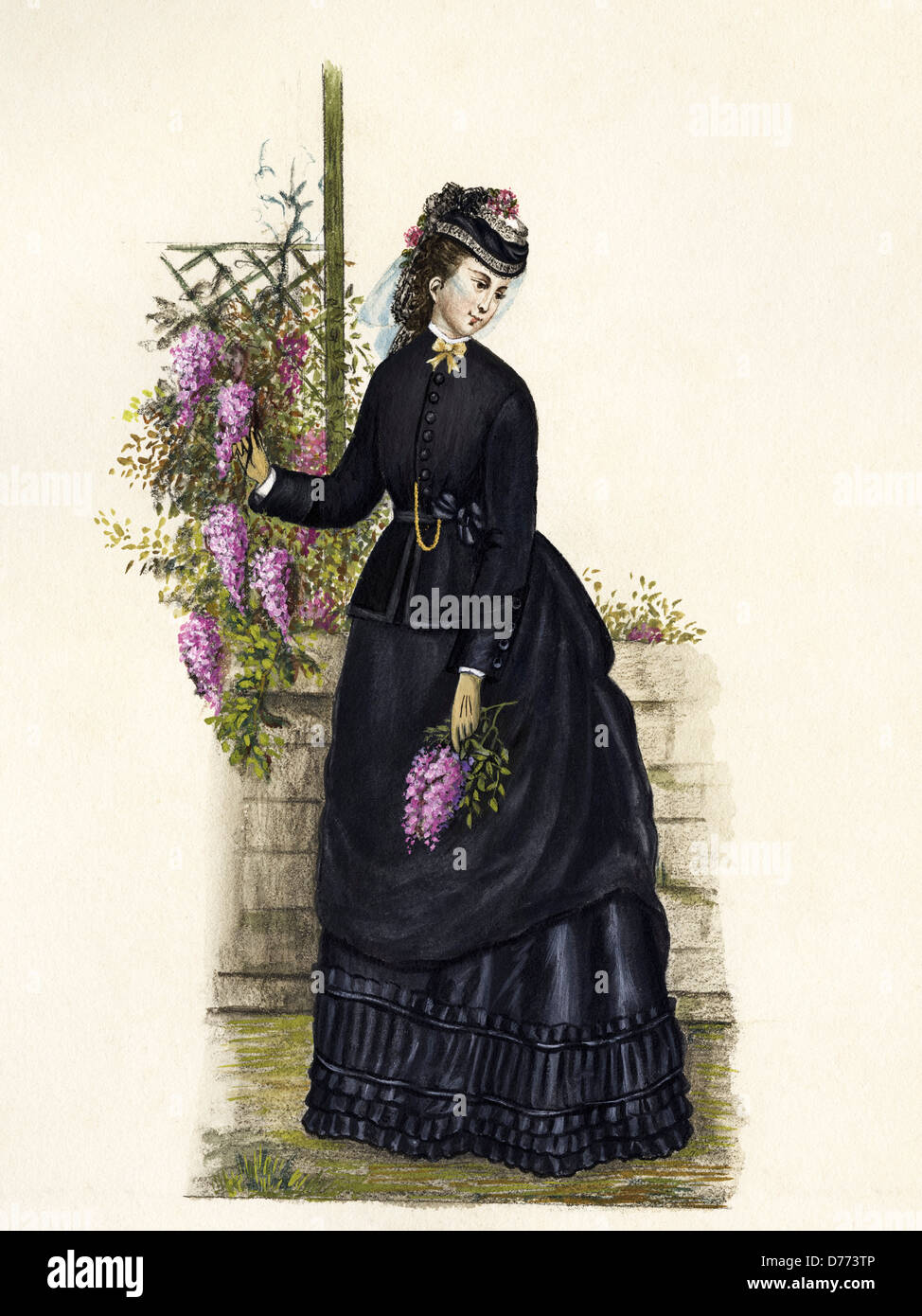 French fashion from the Victorian era dated 1872. Original watercolour ...