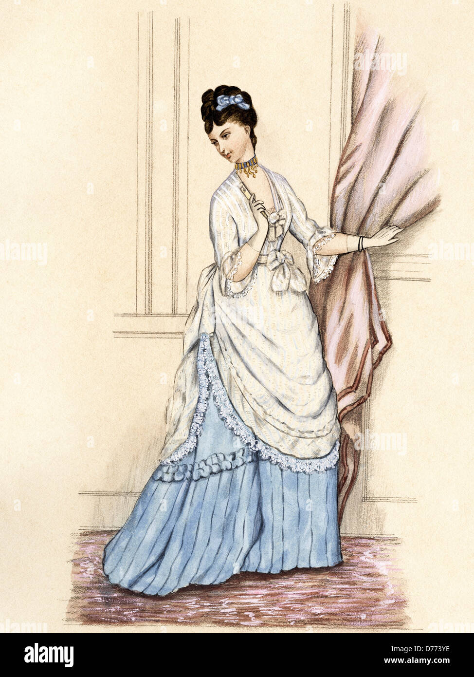 French fashion from the Victorian era dated 1874. Original watercolour ...