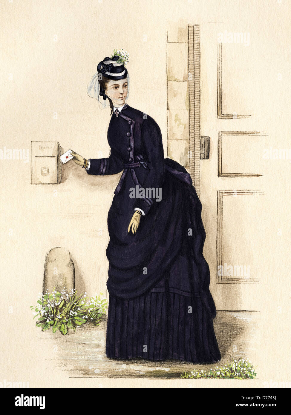 French fashion from the Victorian era dated 1874. Original watercolour ...