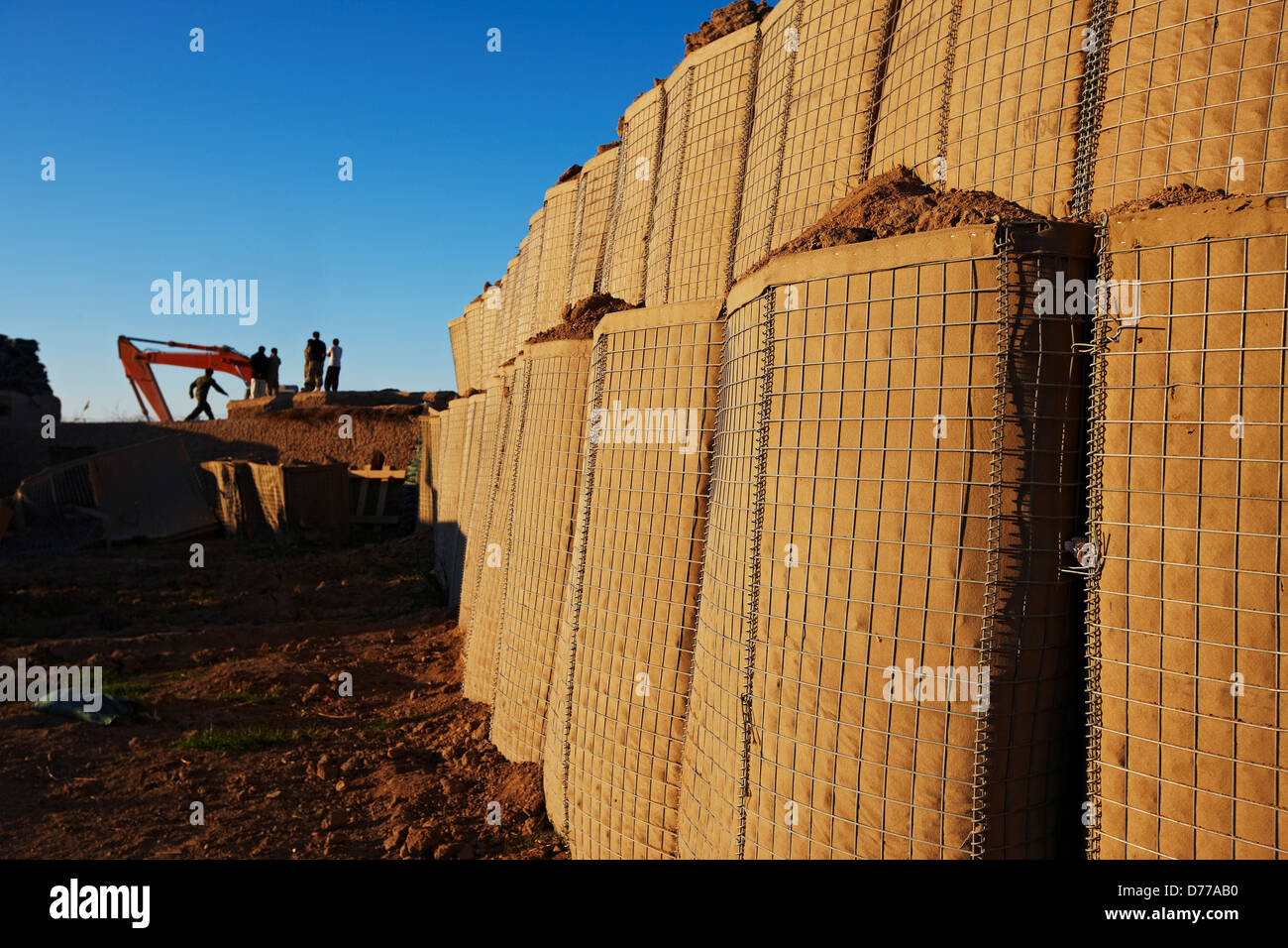 Hesco Barrier Wall Distant Excavator Workers Small Combat Outpost in ...