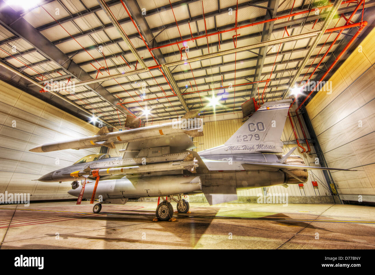 F-16 Alert Jet in Hangar Loaded Live Weapons Low Side View High Dynamic ...