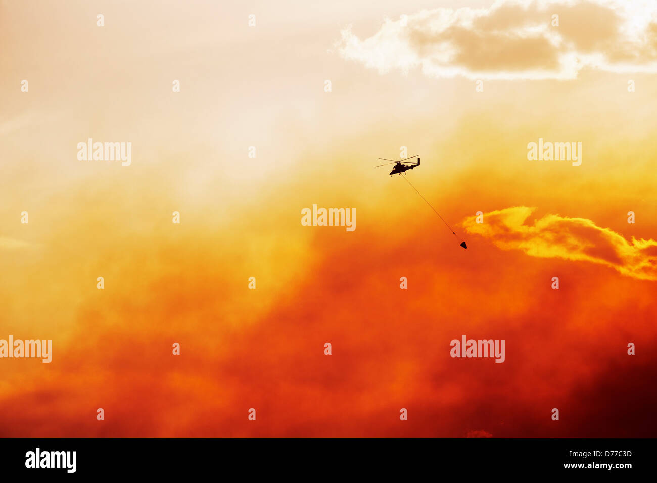 Helicopter Helicopter Water Bucket Fire Fighting Flying Through Smoke ...