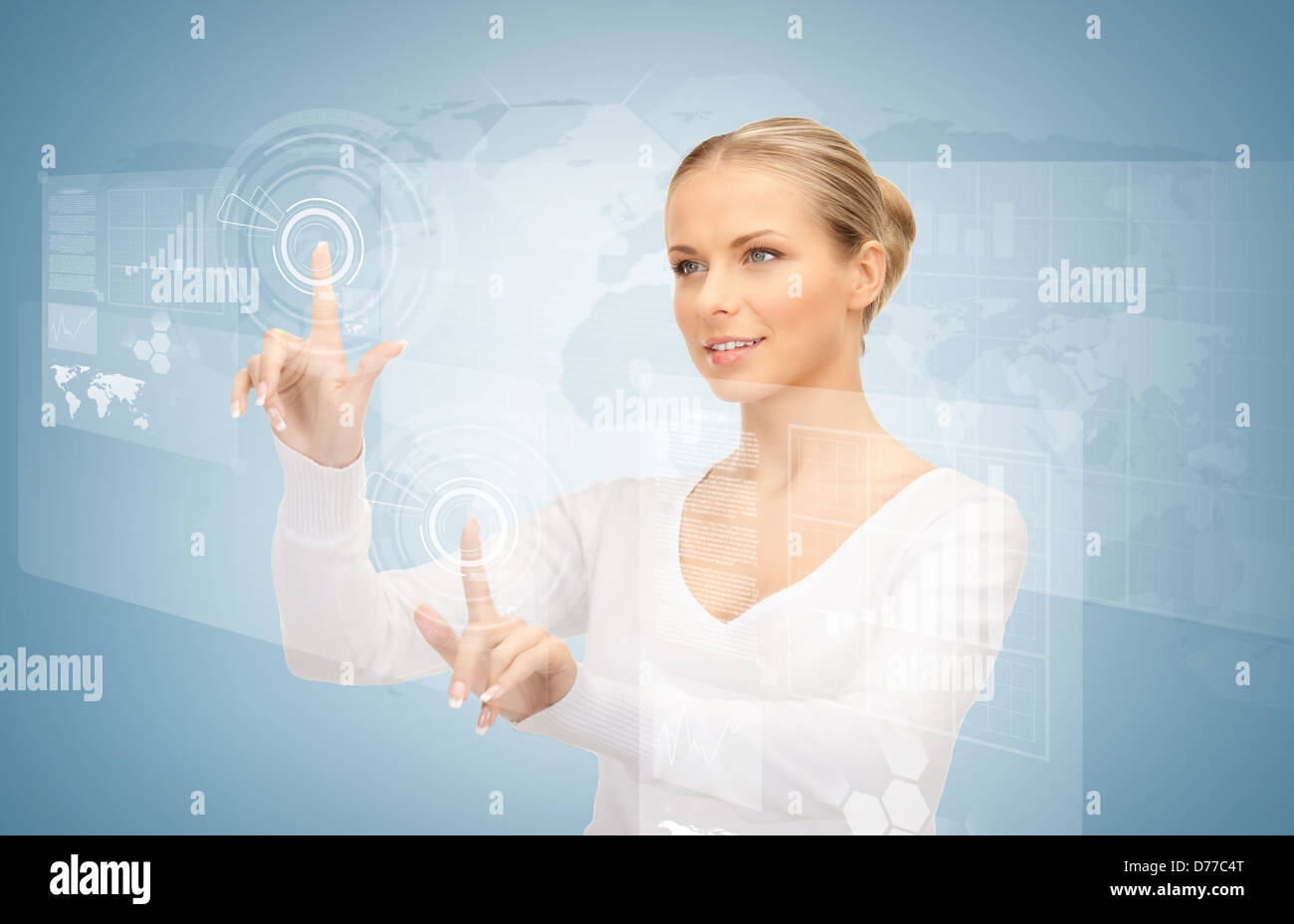 businesswoman touching virtual screen Stock Photo - Alamy