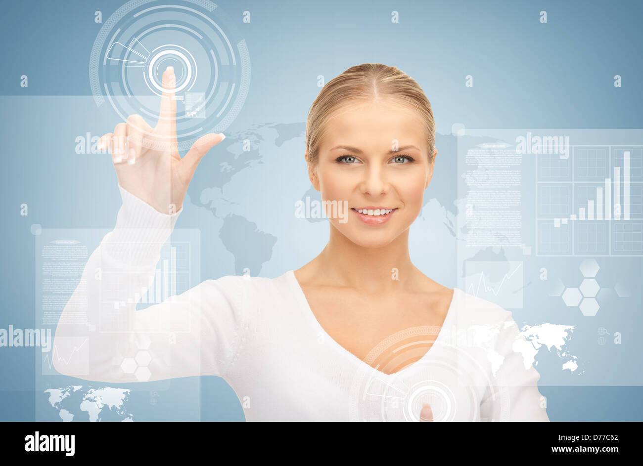 businesswoman touching virtual screen Stock Photo - Alamy