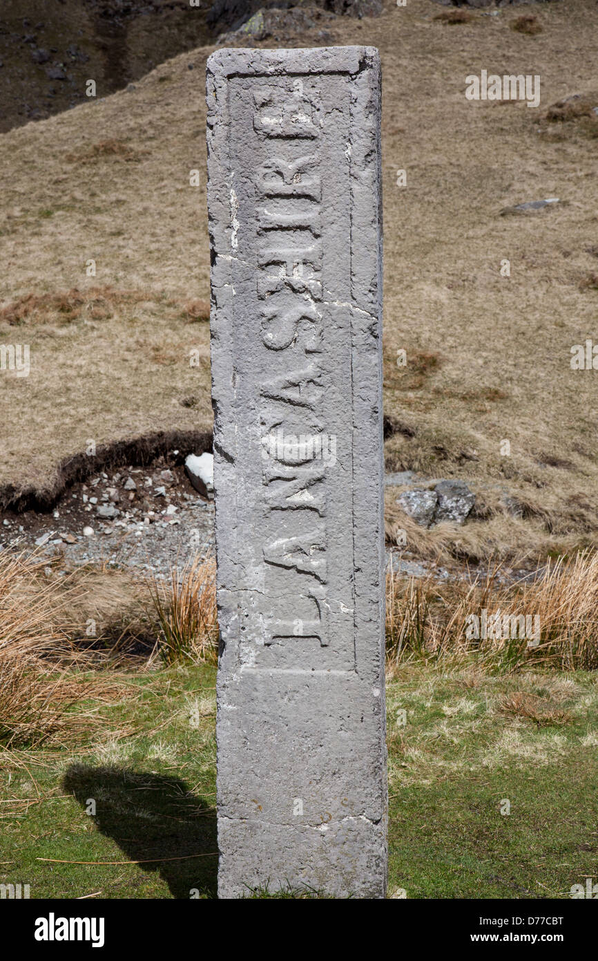 The Three Shires Stone in Wrynose Pass, Lake District, Cumbria Stock ...