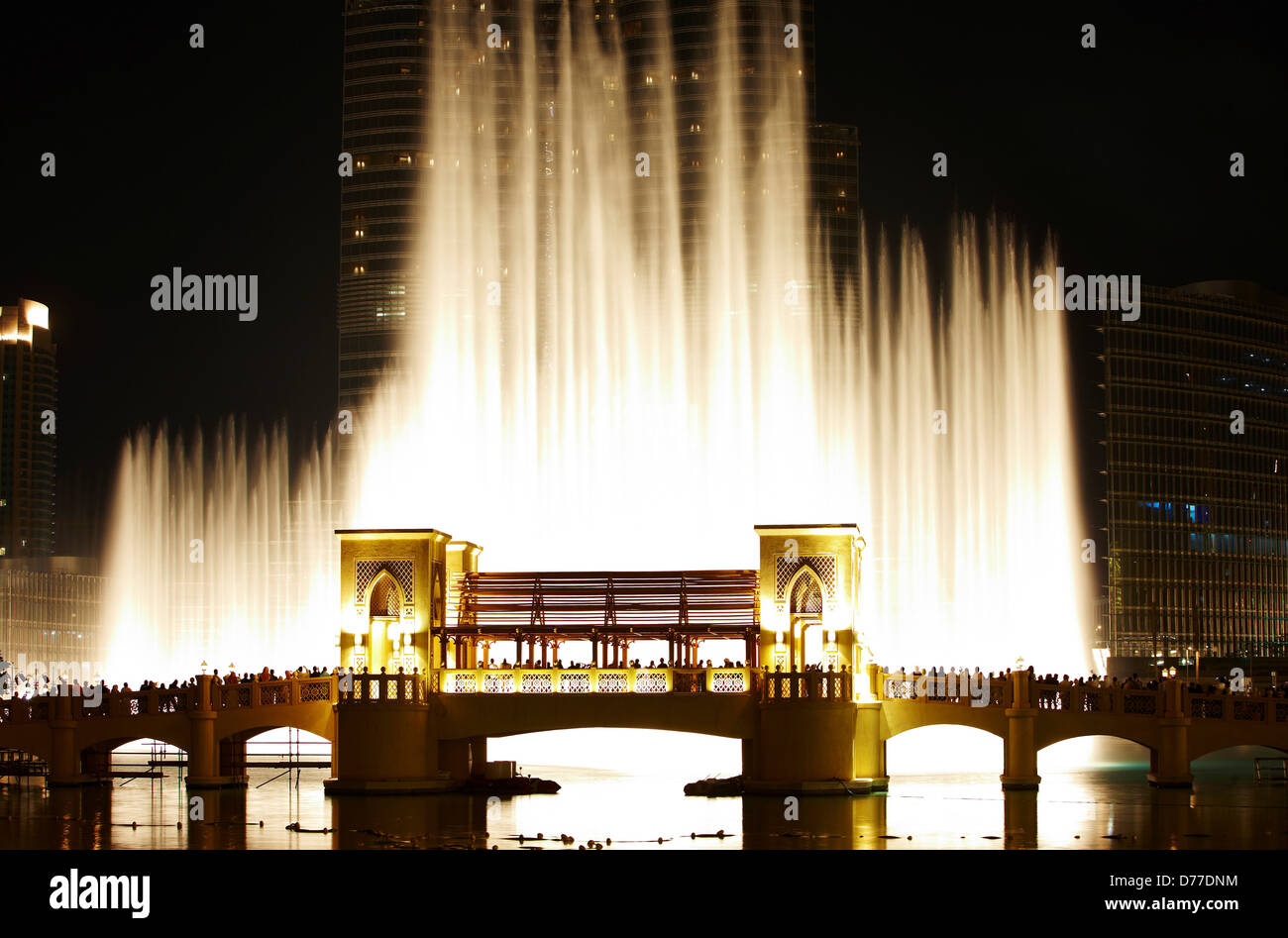 Souk Al Bahar Bridge fountains at base Burj Khalifa Dubai United Arab ...