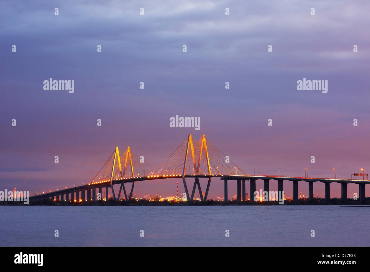 Night view cable-stayed bridge Fred Hartman Bridge Houston Ship Channel ...