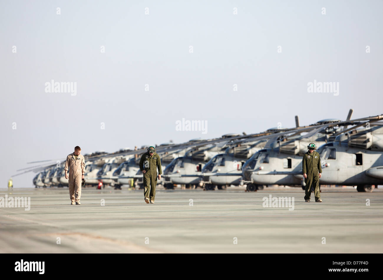 United States Marines inspect flight line Camp Bastion Helmand Province ...