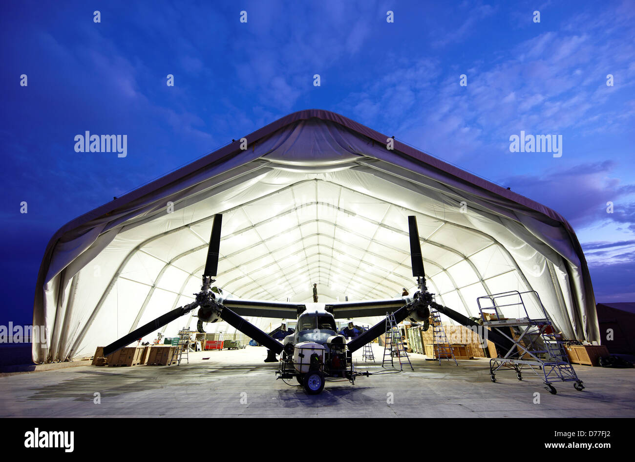 United States Marine Corps MV-22 in expeditionary hangar maintenance ...