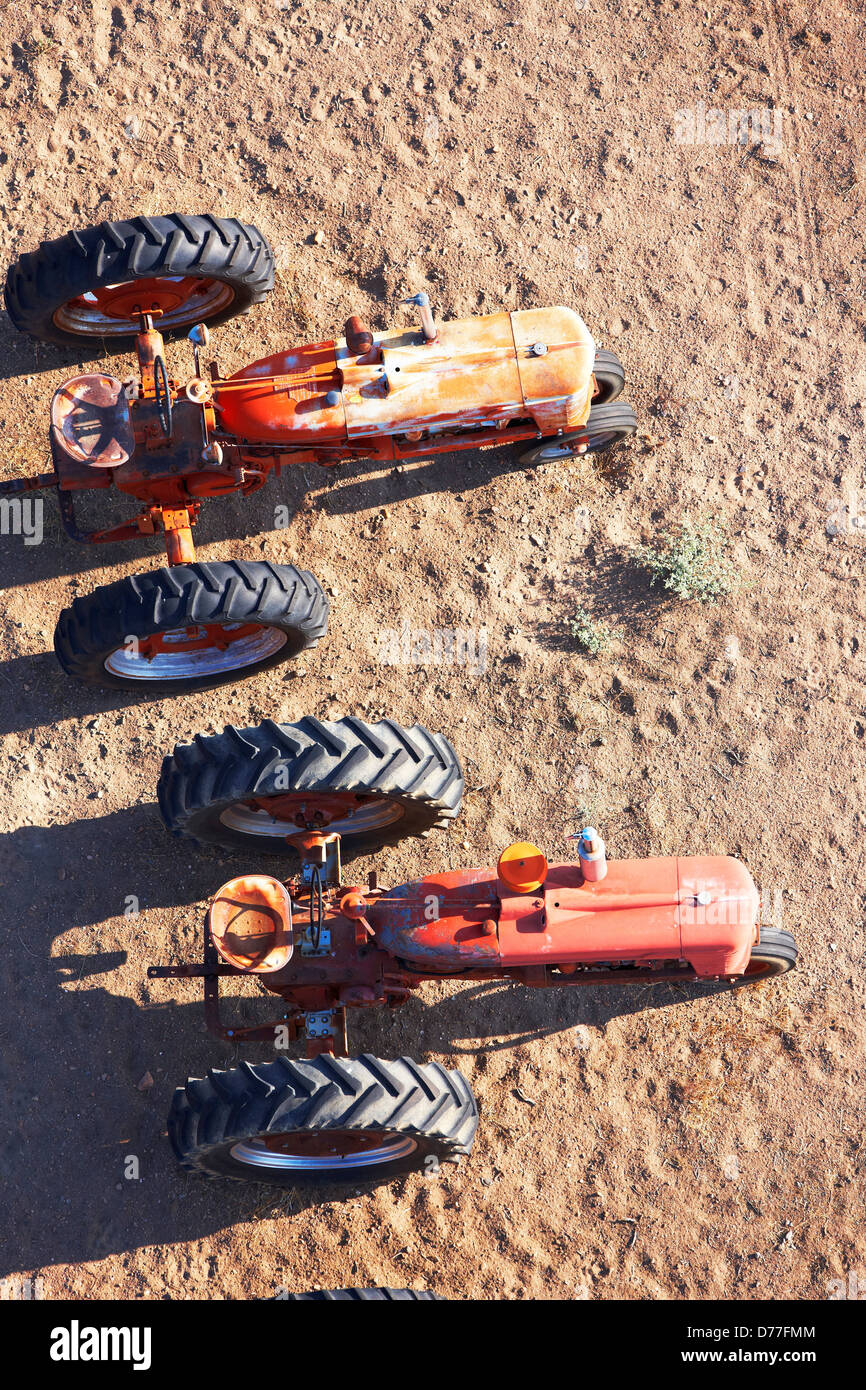 Aerial view antique farm tractors Stock Photo - Alamy