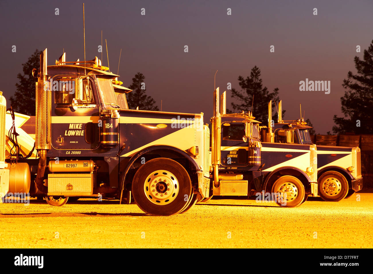 Big-Rig tractors standing in row at night Stock Photo - Alamy