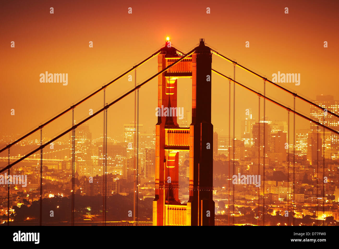 USA California San Francisco Night view north tower Golden Gate Bridge ...