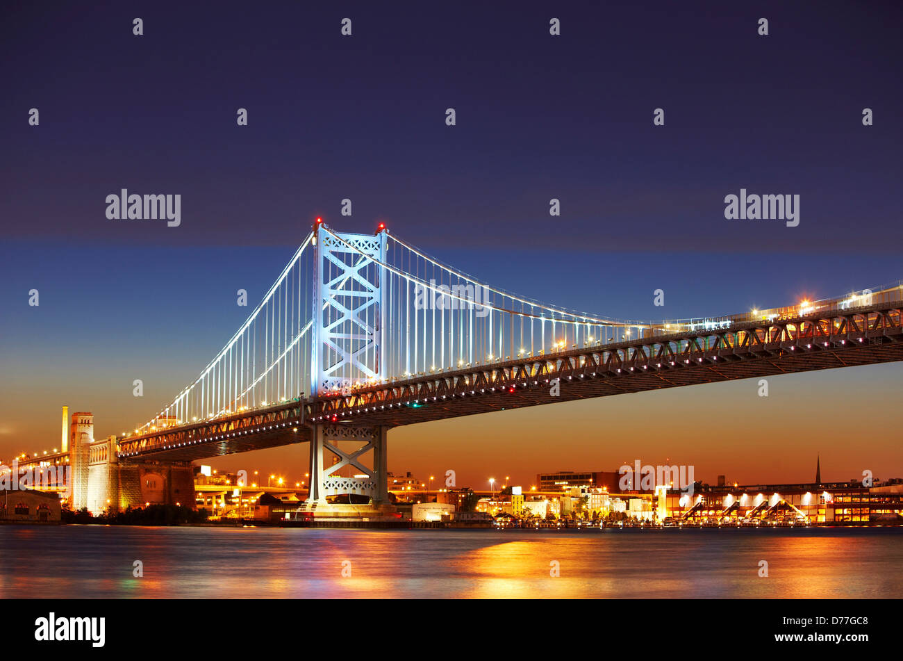 USA Pennsylvania Philadelphia Benjamin Franklin Bridge at night over ...