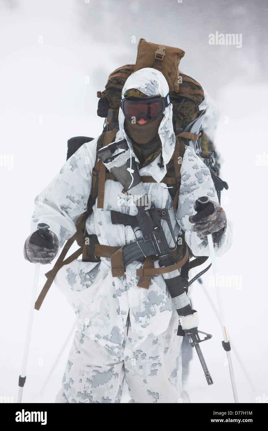 USA California US Marine Sniper Skiing cross country during cold ...