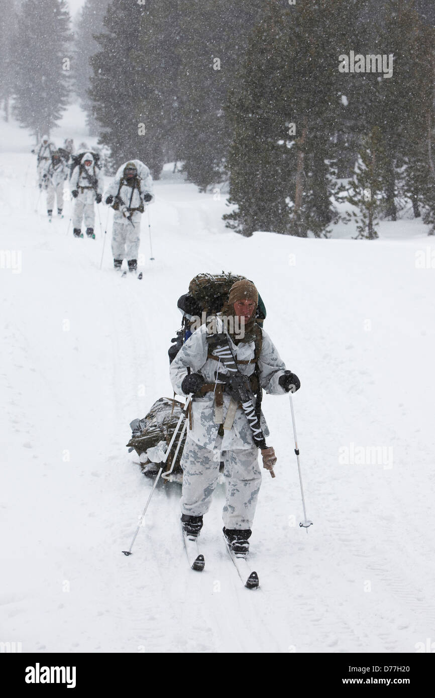 USA California US Marine Sniper Skiing cross country during cold ...