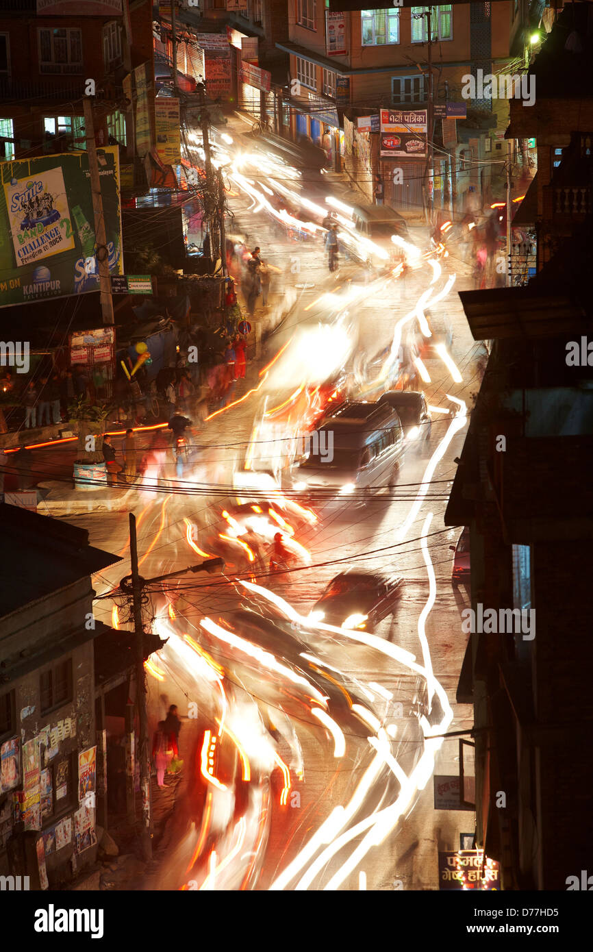 Nepal Kathmandu city view blurry headlights night Stock Photo - Alamy
