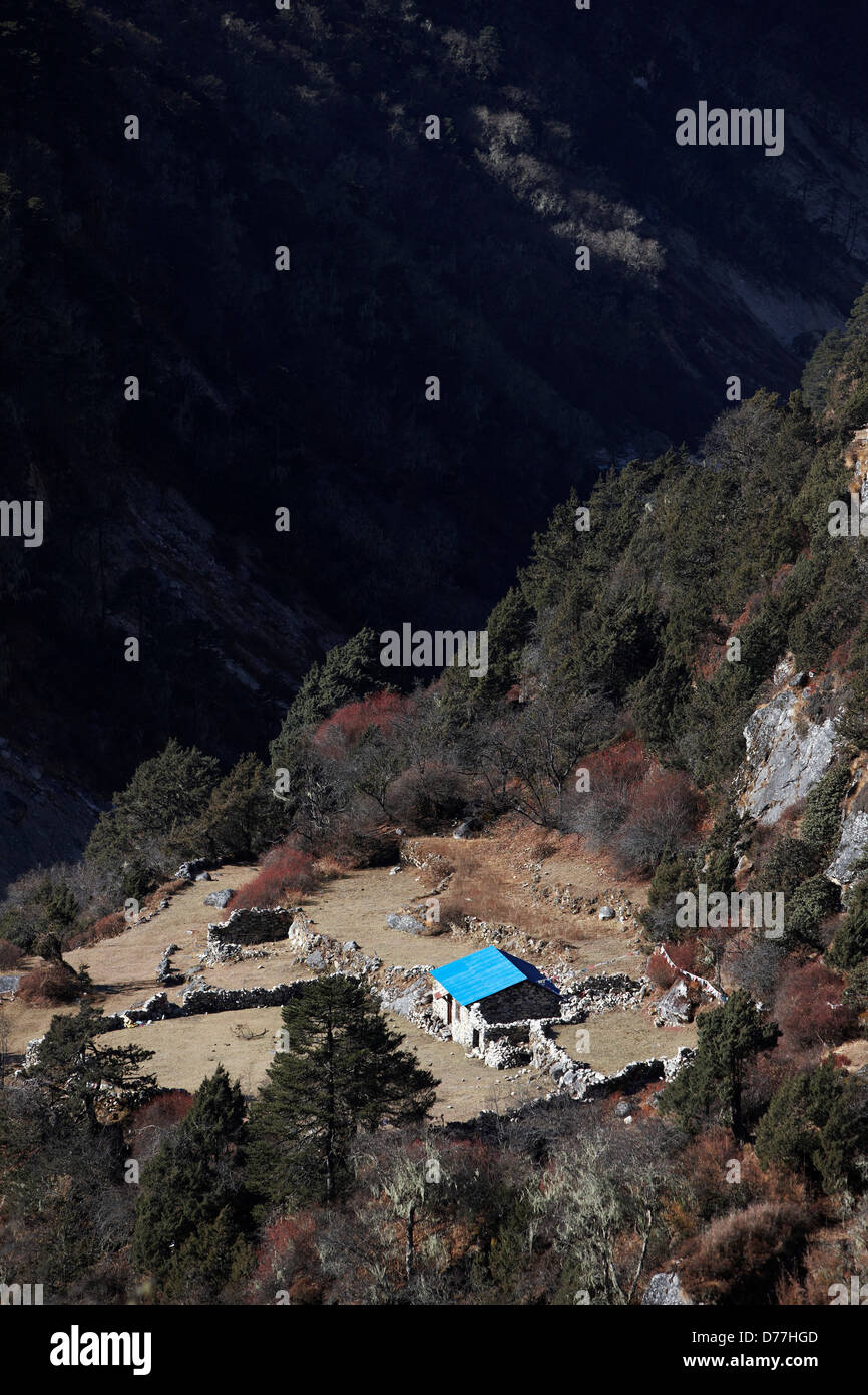 Nepal Himalaya Solukhumbu District Khumbu aerial view house stone walls ...