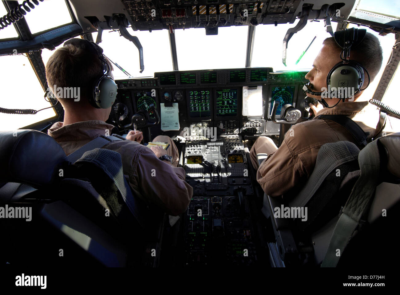 Cockpit view US Marine Corps aviators flying KC-130J Super Hercules ...
