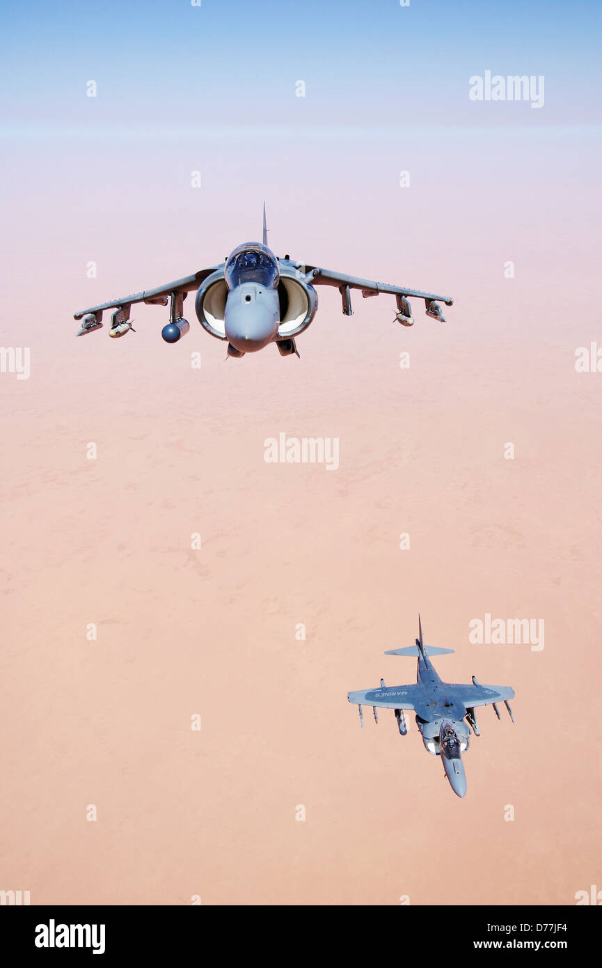 Two US Marine Corps AV-8B Harriers during combat operation over Al ...