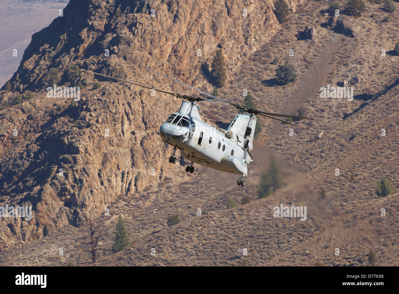US Marine Corps CH-46 Sea Knight makes final landing approach to expeditionary airfield Marine ...